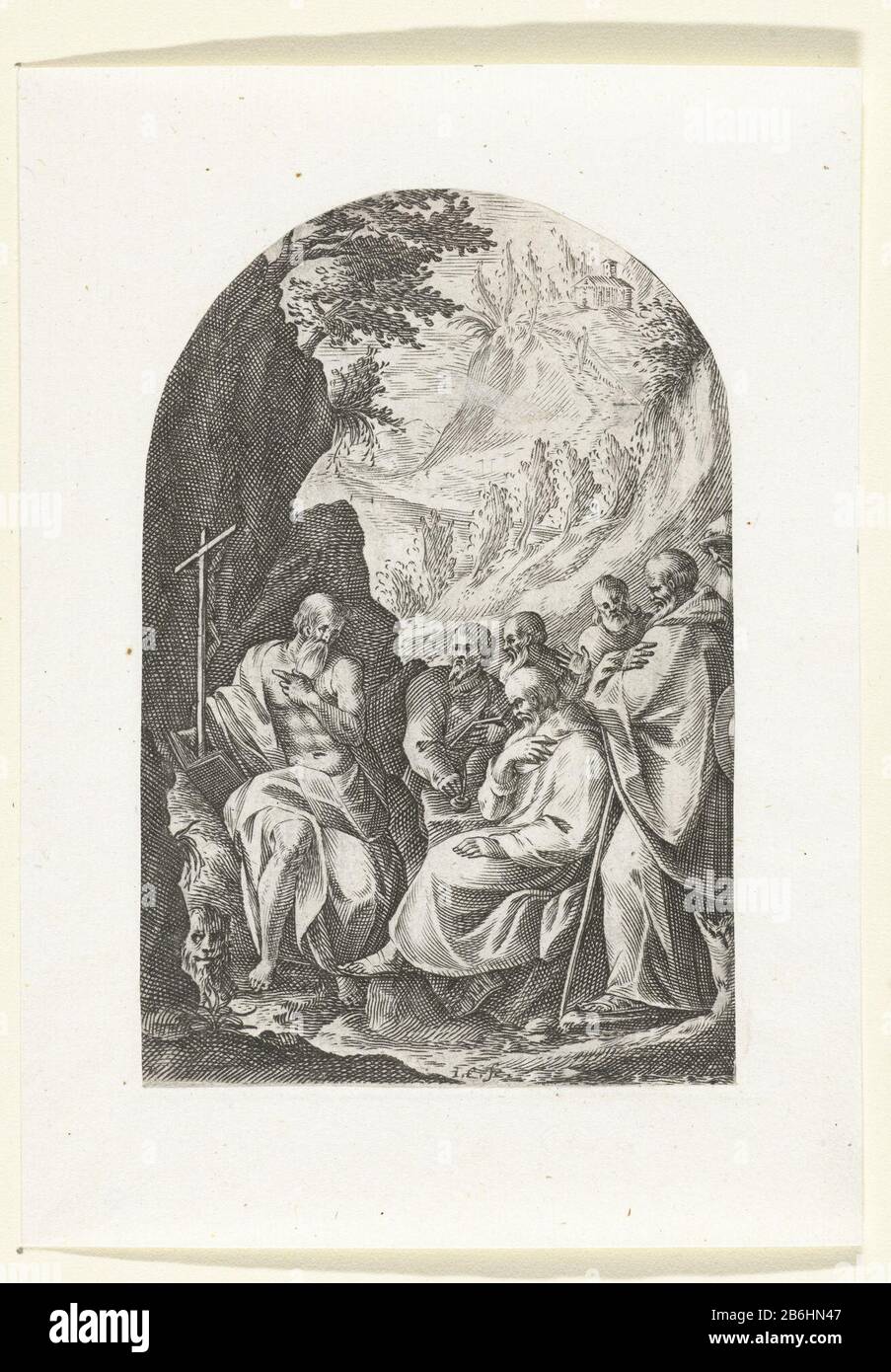 Jerome's, scantily clad, in the open air at a cross, the lion at his feet. Six men stand to ...