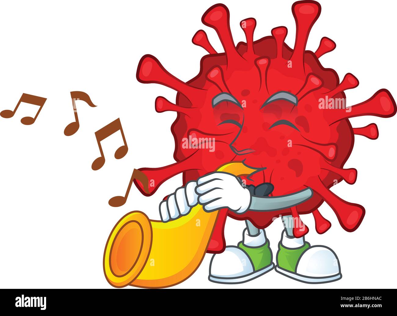 Dangerous coronaviruses cartoon character playing music with a trumpet ...