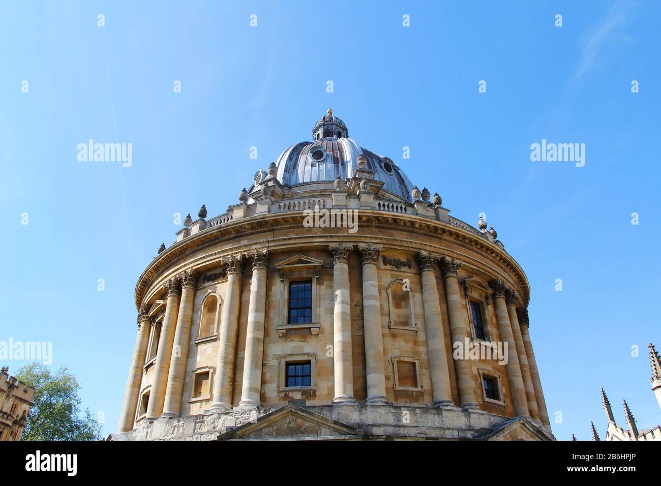Top Part of the Radcliffe Camera with clear blue sky in sunny day, part ...