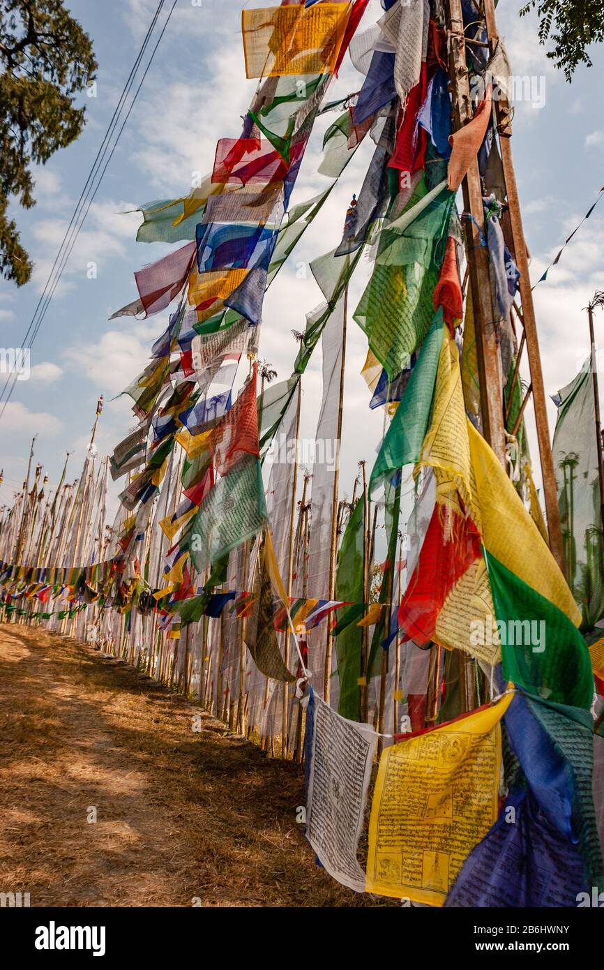 Prayer flags and prayer wheels around the monasteries, Sikkim India ...