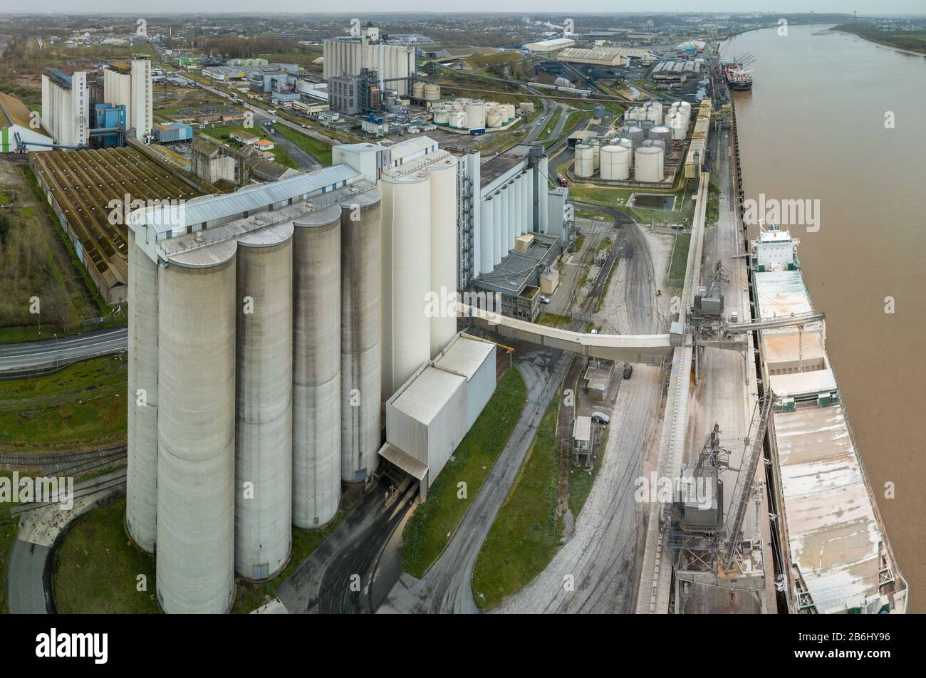 Aerial view of a maize loading operation in a cargo ship Stock Photo ...