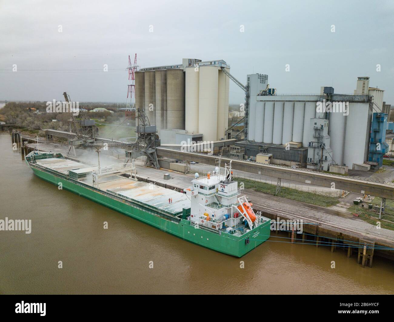 Aerial view of a maize loading operation in a cargo ship Stock Photo ...