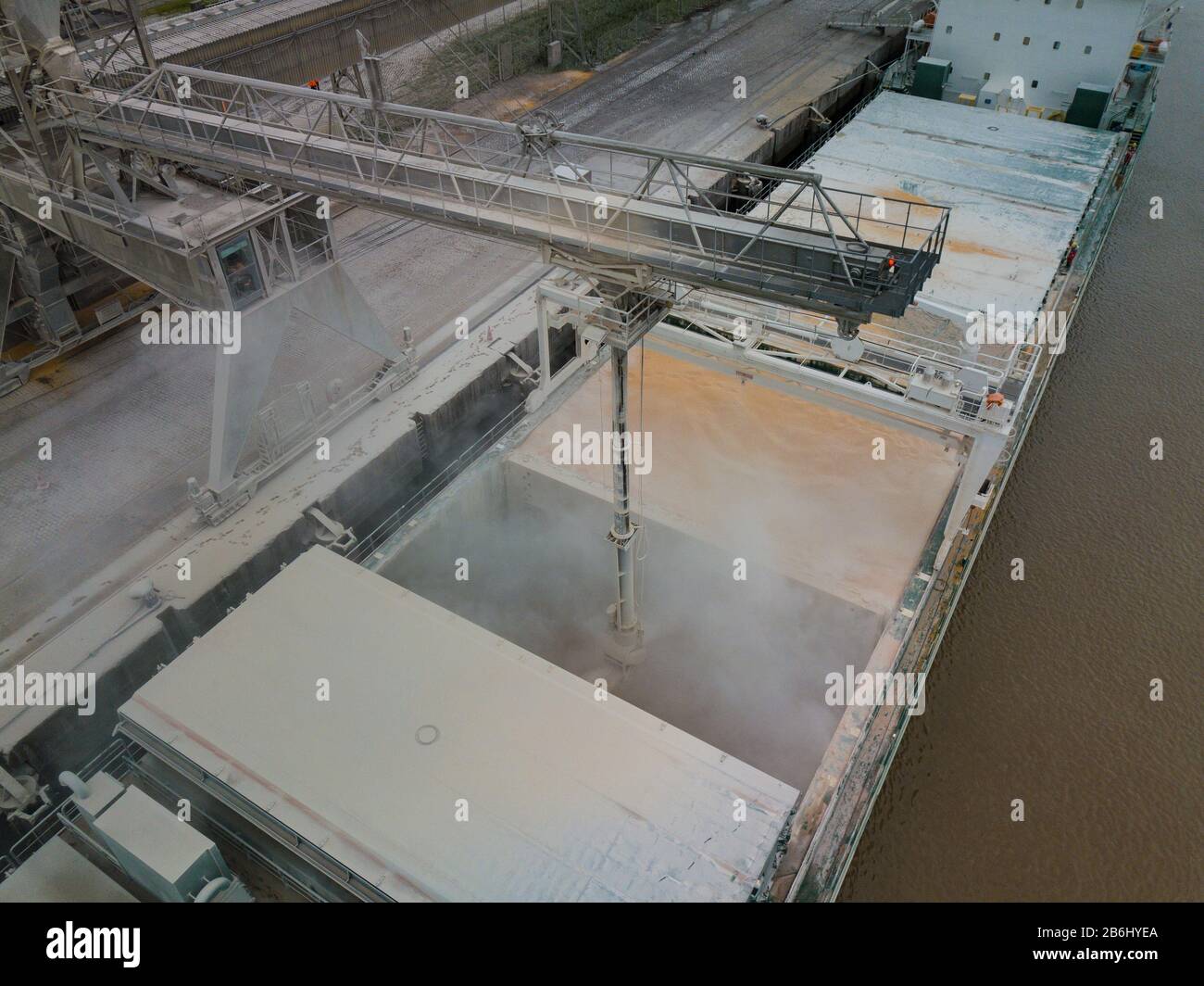 Aerial view of a maize loading operation in a cargo ship Stock Photo ...