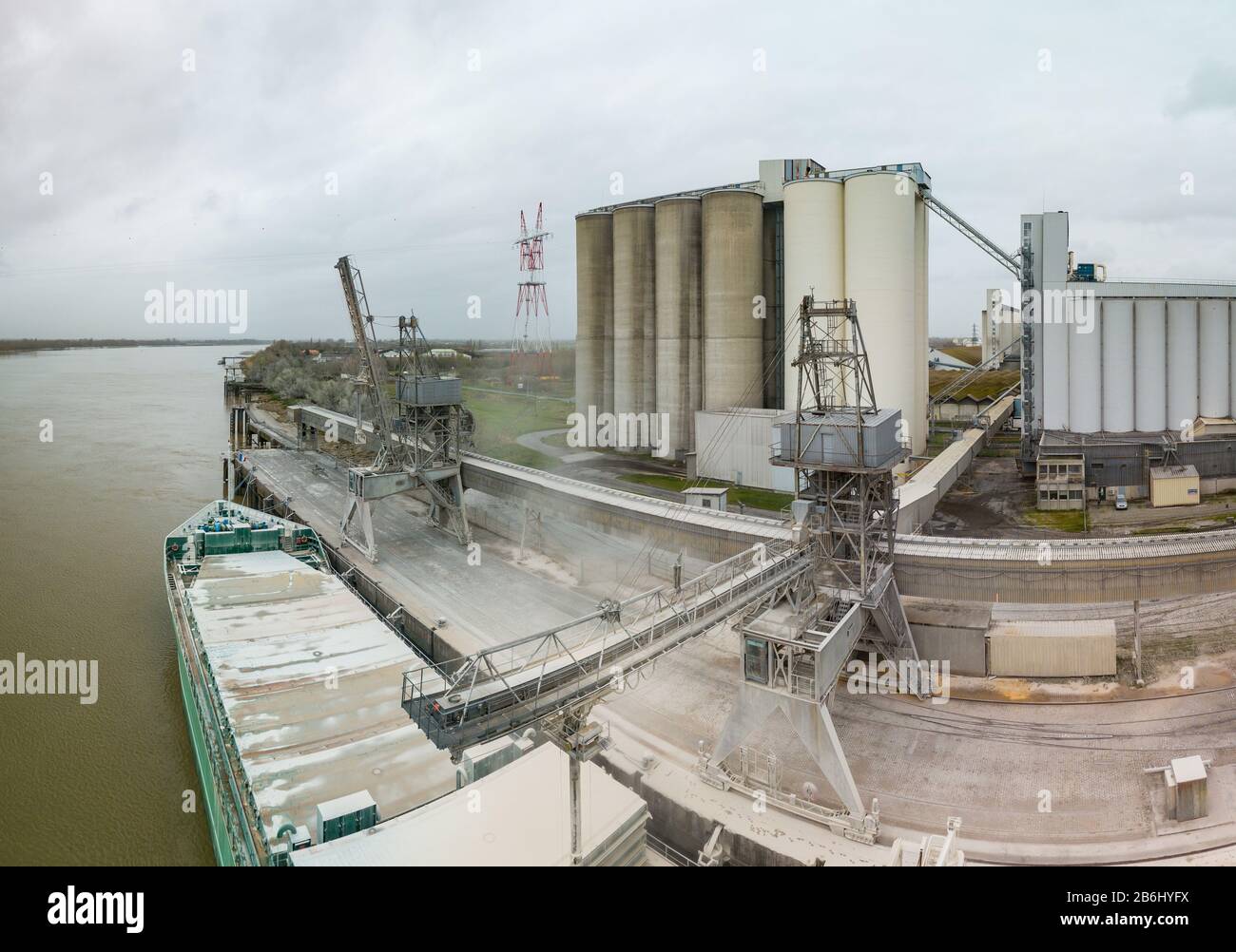 Aerial view of a maize loading operation in a cargo ship Stock Photo ...