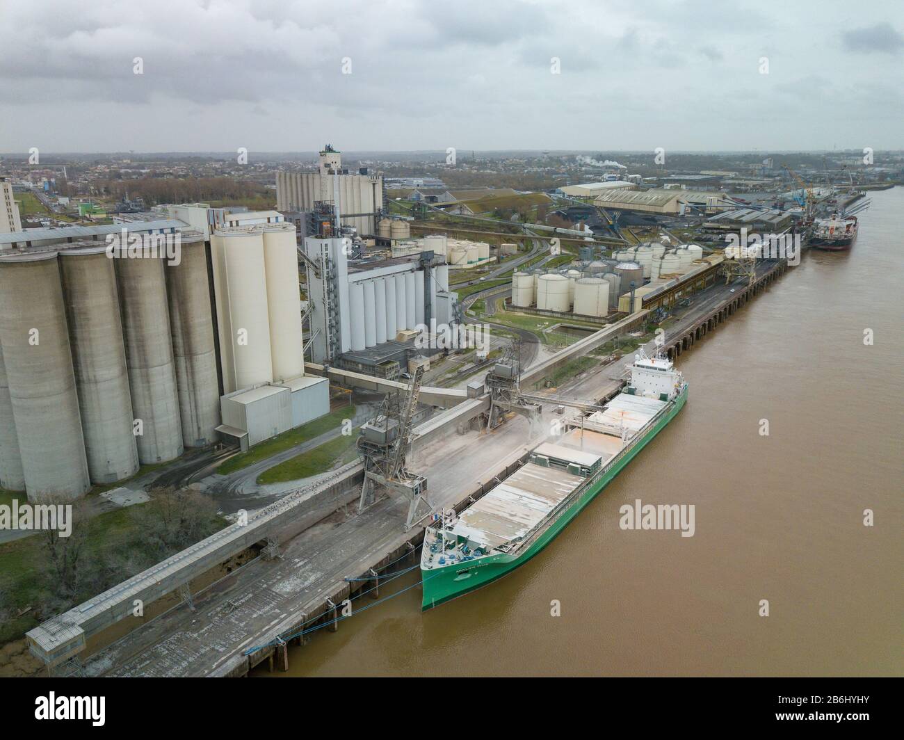 Aerial view of a maize loading operation in a cargo ship Stock Photo ...