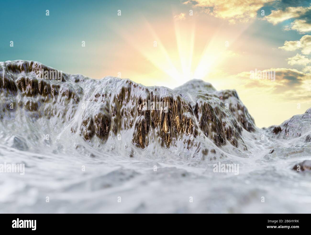 Snowy Mountains peaks on sky background. 3D illustration Stock Photo ...