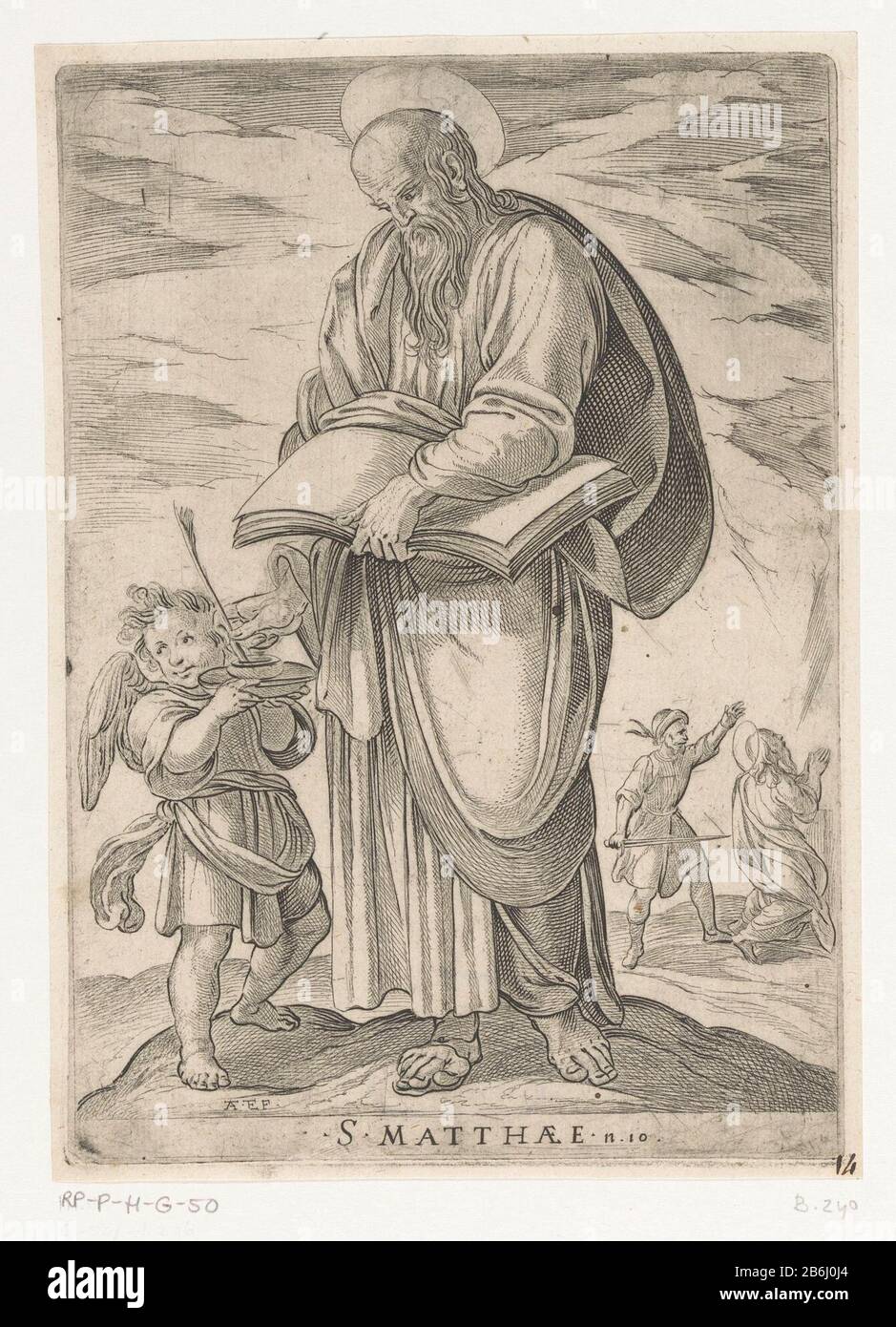 The holy book of Matthew, quill and inkwell with angel. In the ...