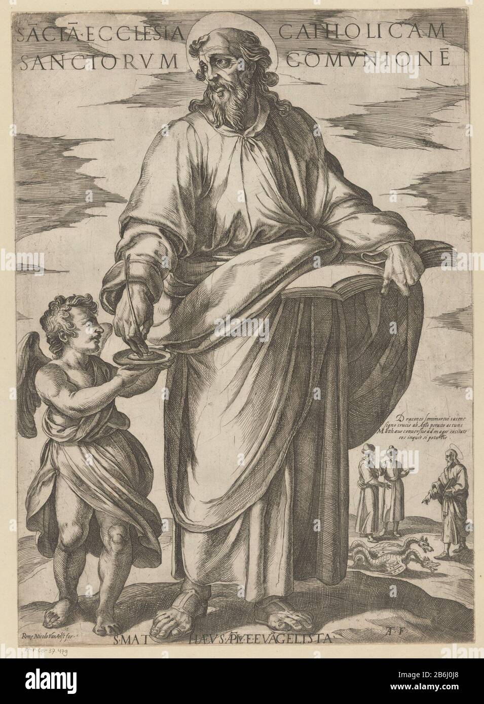 The sacred book of Matthew, quill and inkwell with angel. In the ...