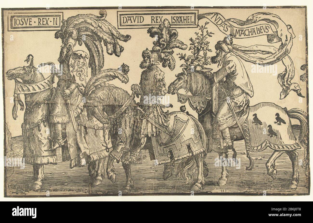 One of three woodcuts, part of the frieze with nine heroes. Three ...
