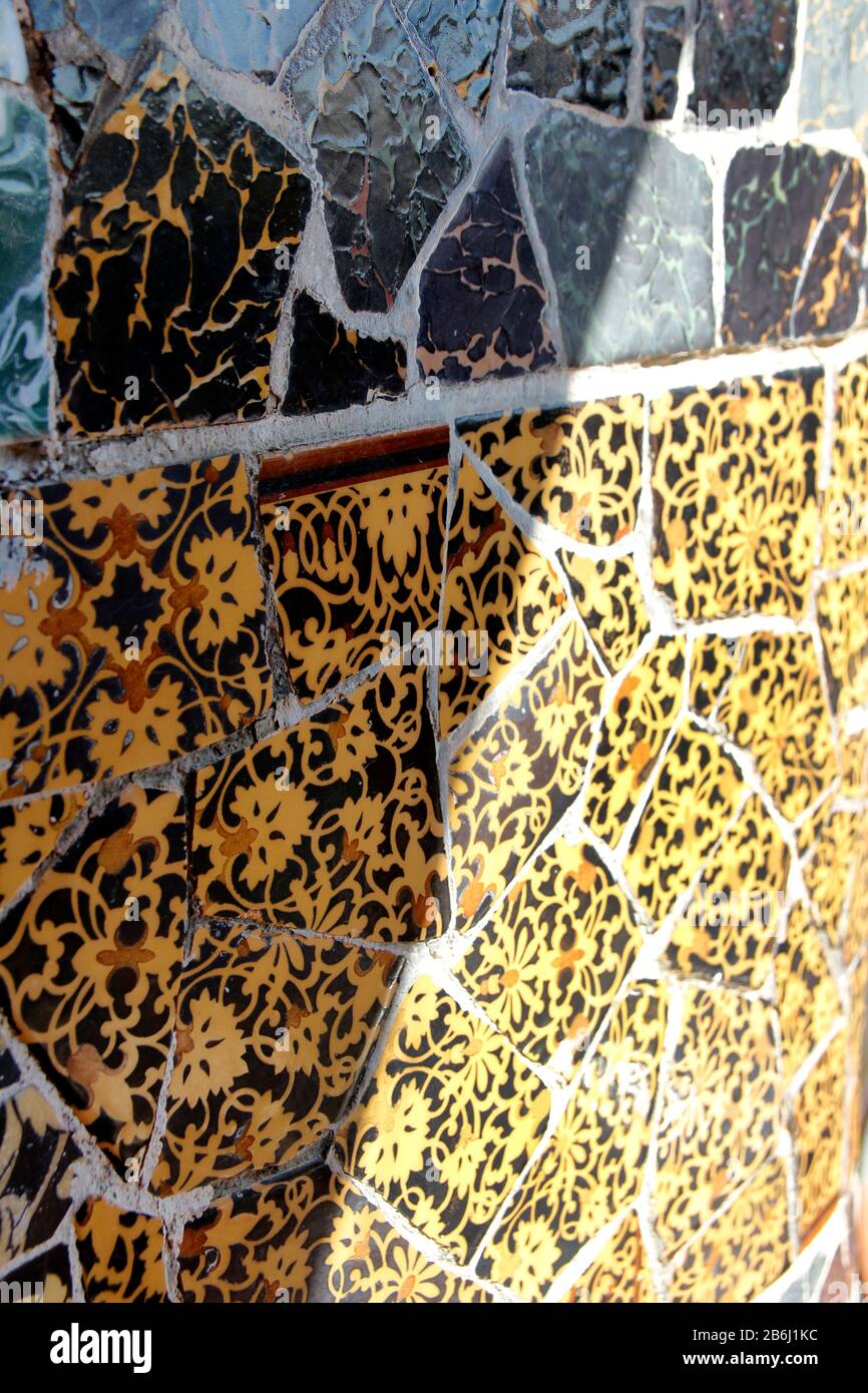 Broken glass mosaic tiles as ceramic art in Park Guell, Barcelona ...