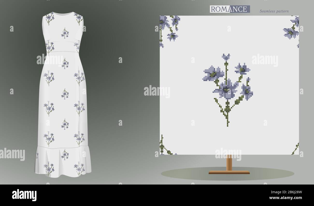 Seamless blue flowers pattern on dress mockup Stock Vector Image & Art ...