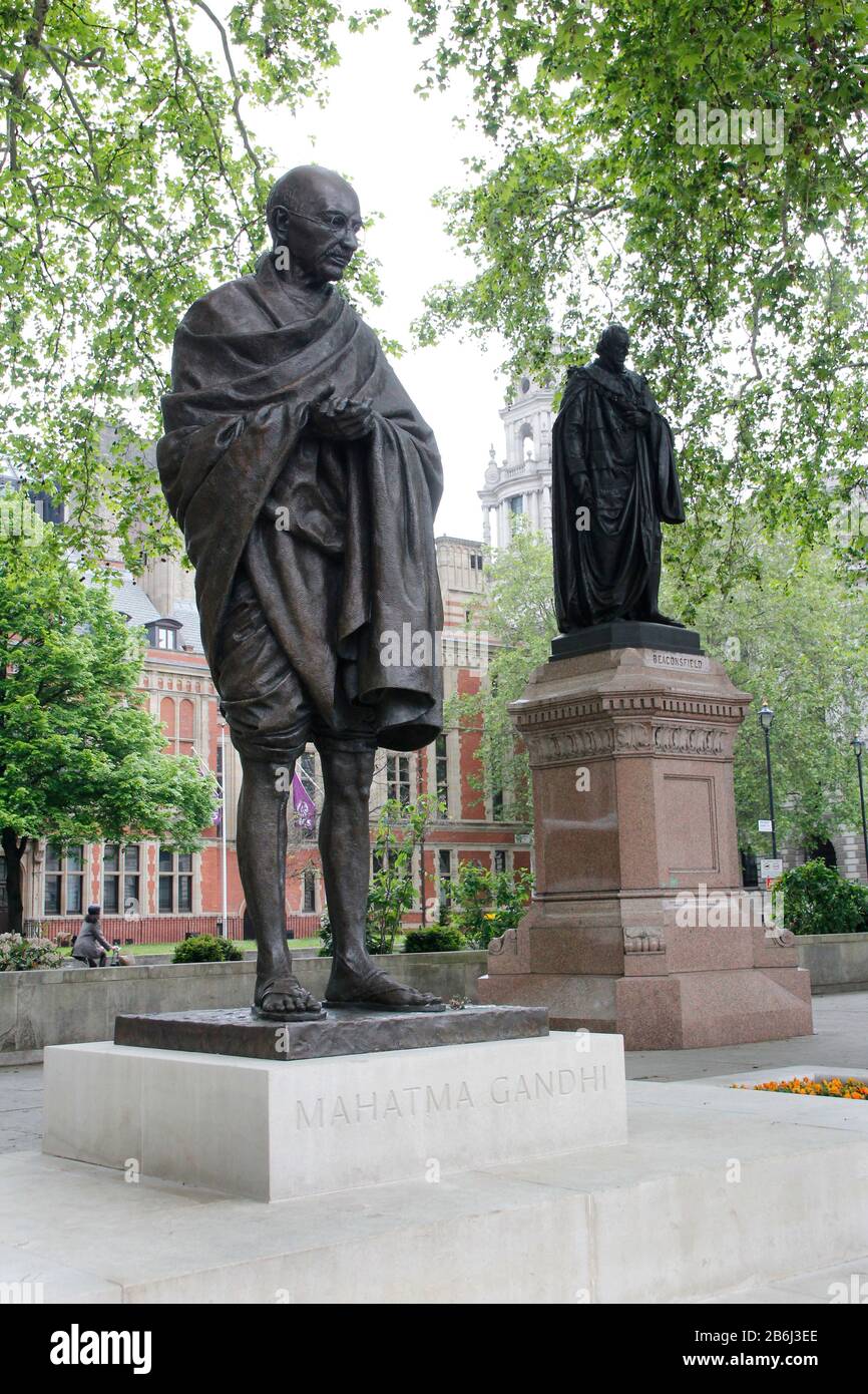 London, UK - May 11, 2019: The statue of Mahatma Gandhi in Parliament ...