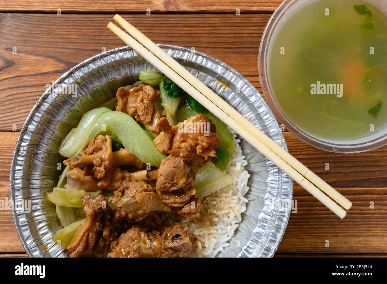 top view fast food with braise ducks and cabbage and rice horizontal ...