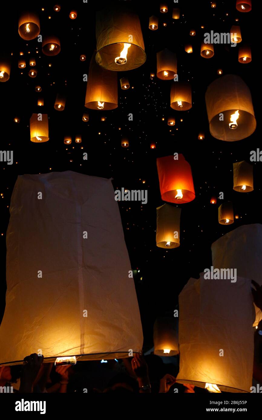 flying candle during Loy krathong festival, chiang mai , Thailand Stock ...