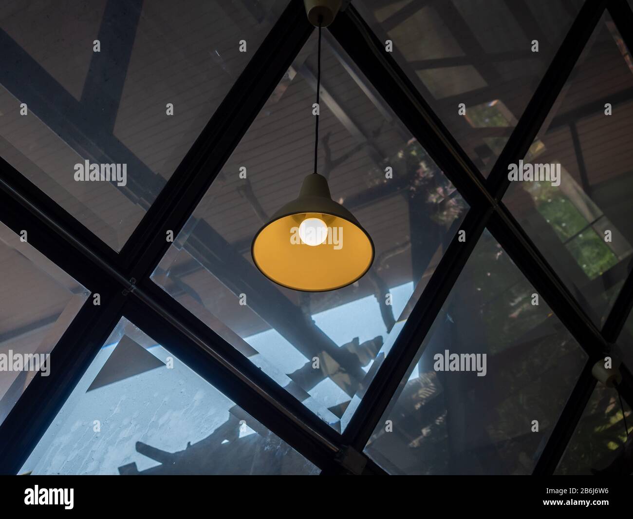 Modern ceiling light or light bulb hanging from ceiling in glass house ...