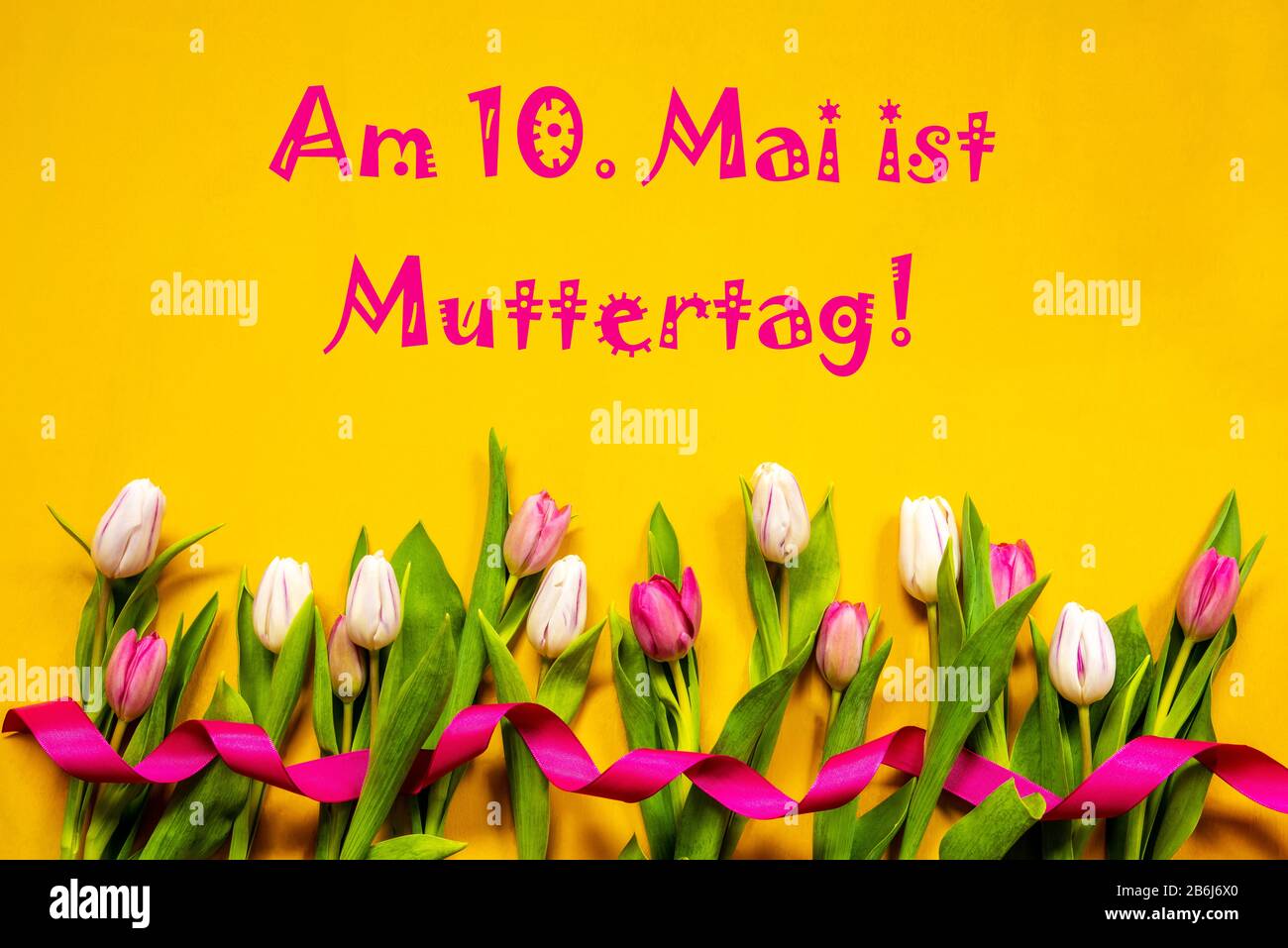 Colorful Tulip, Muttertag Means Mothers Day, Ribbon, Yellow Background ...