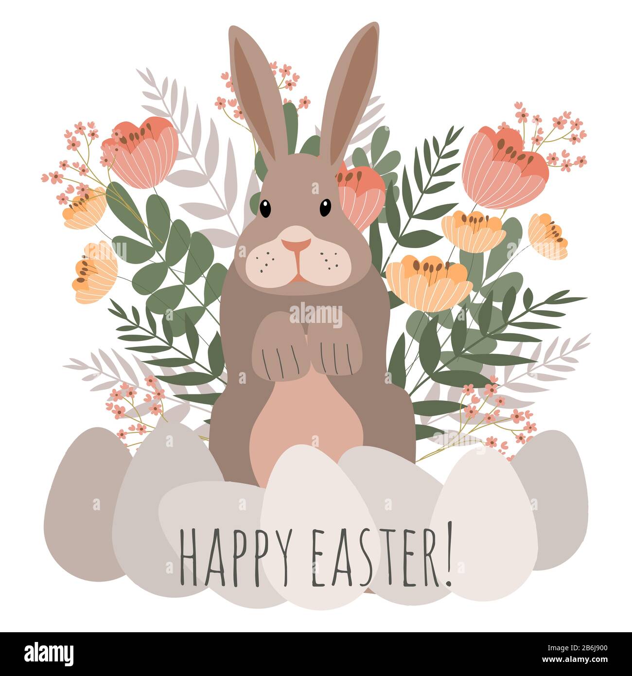 Cute gray rabbit on a floral background with eggs. Spring vector ...