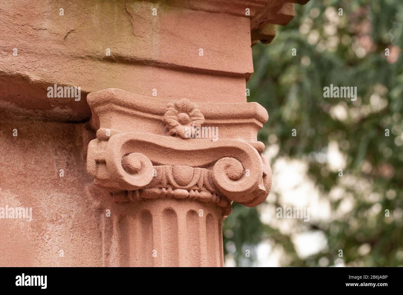 detail of an ionic capital of a half column carved in pink sandstone ...