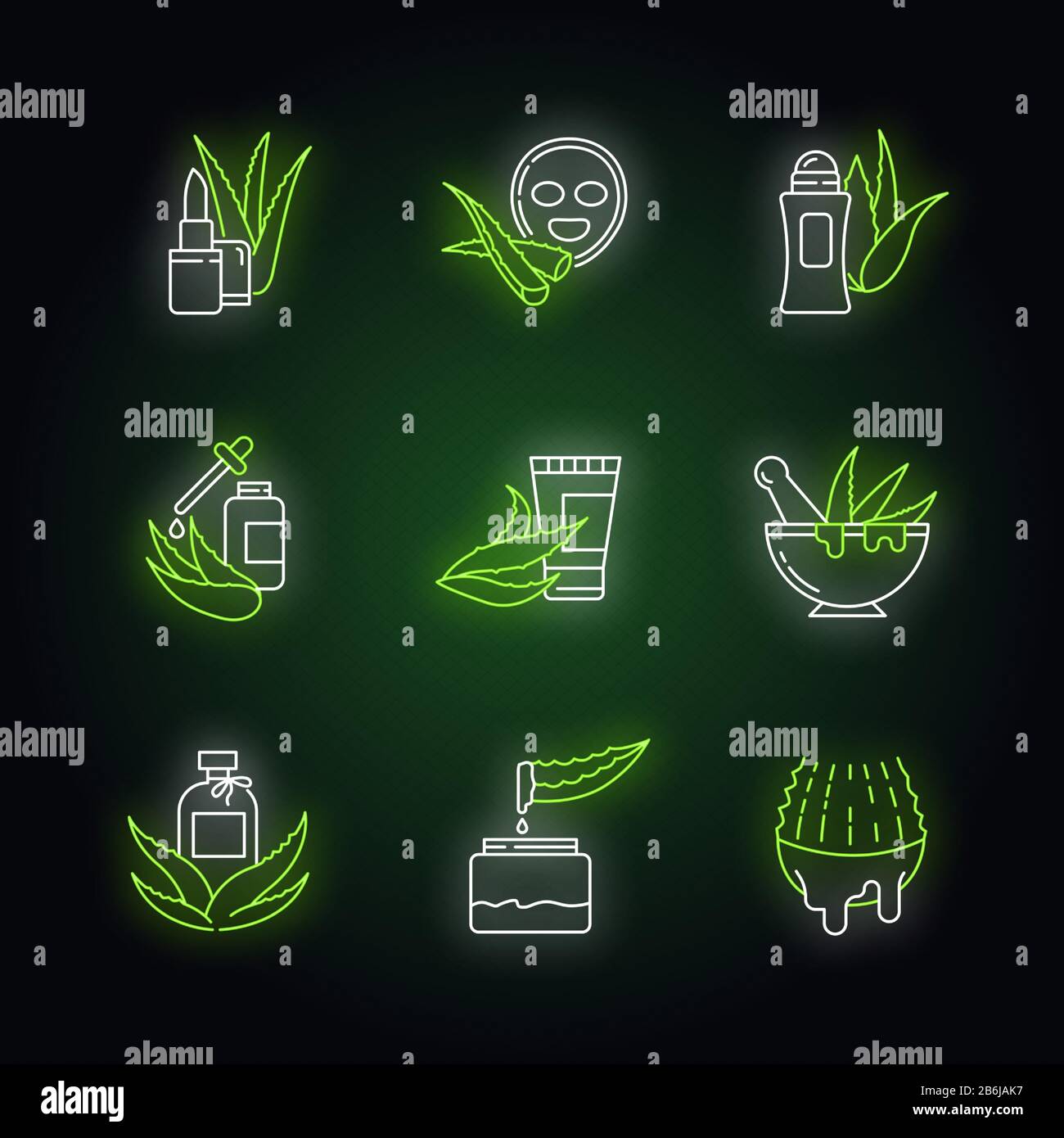 Aloe vera neon light icons set. Antiperspirant with medicinal herbs ...