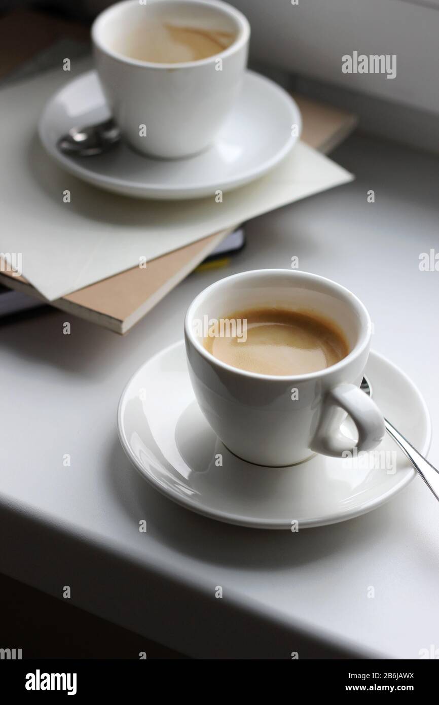 Drinking Coffee. Cups of Espresso Served on a Bar Counter. Coffee Break ...