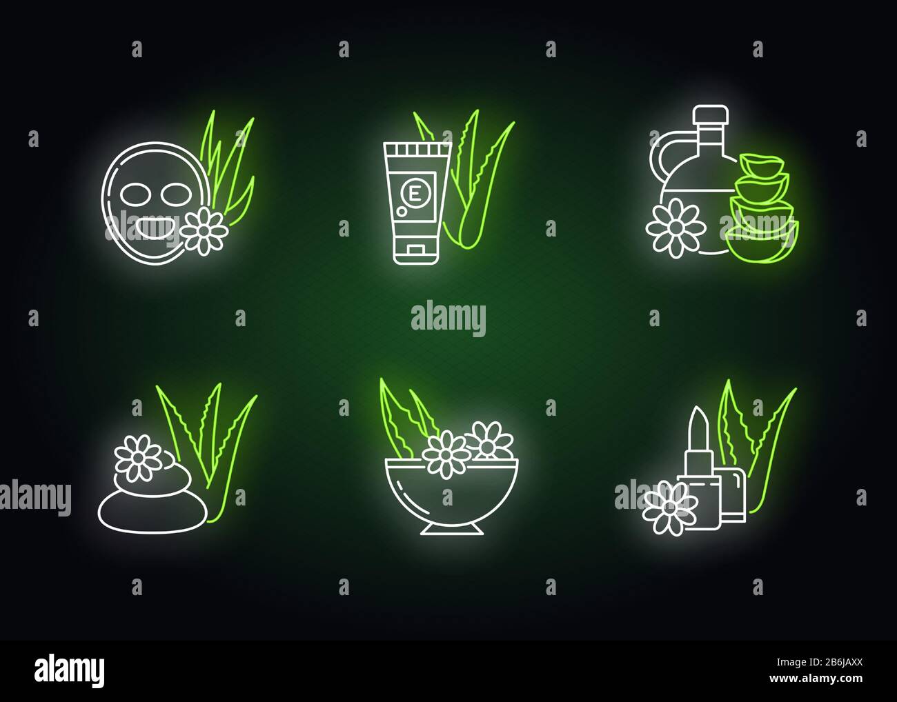 Aloe vera neon light icons set. Cosmetology. Spa treatment. Facial mask ...