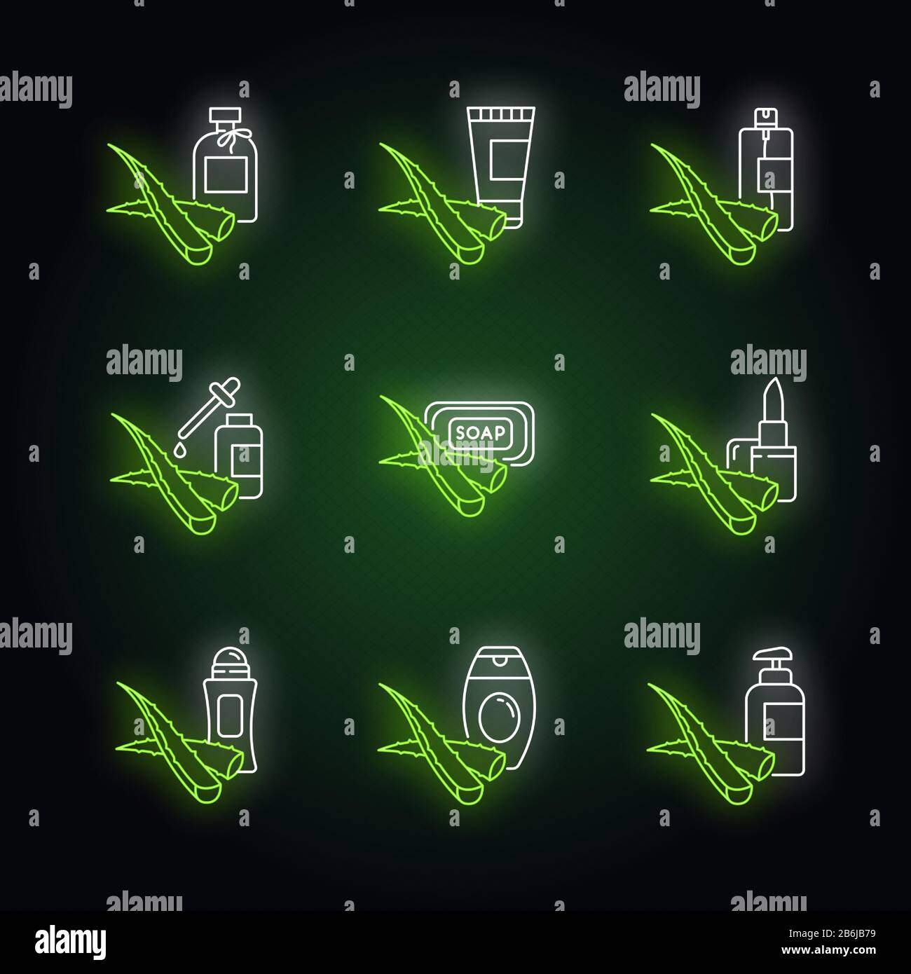 Aloe vera neon light icons set. Cosmetic products with medicinal plant ...