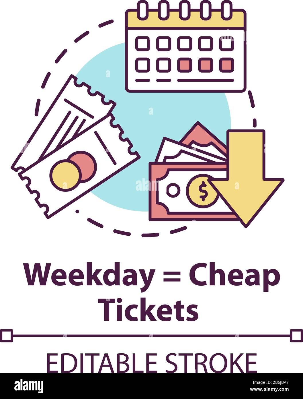 Weekday equals cheap tickets concept icon. Ordering tickets in advance ...