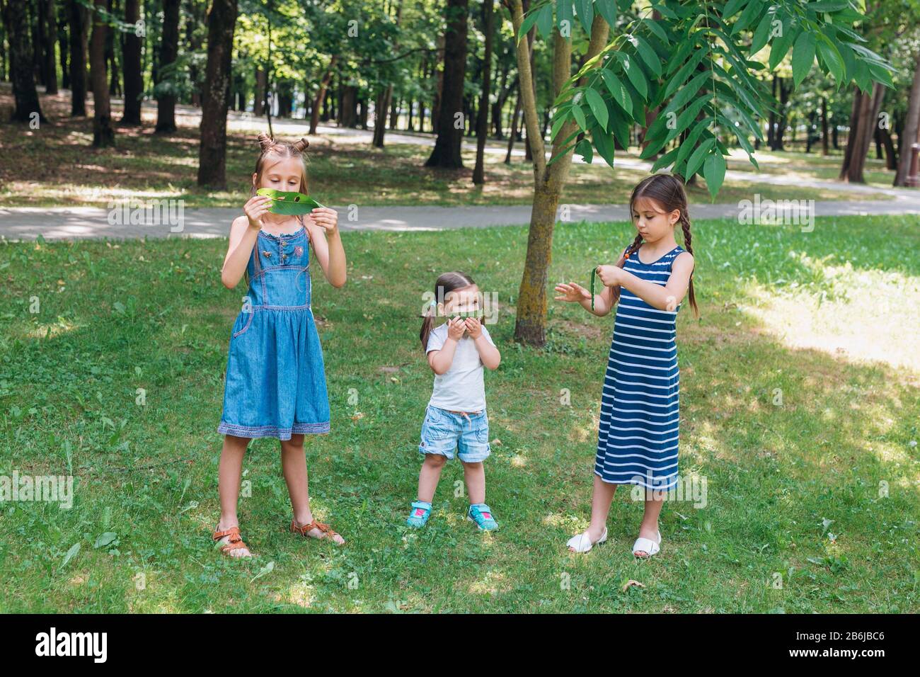 Happy kids playing on green grass in summer park Stock Photo - Alamy