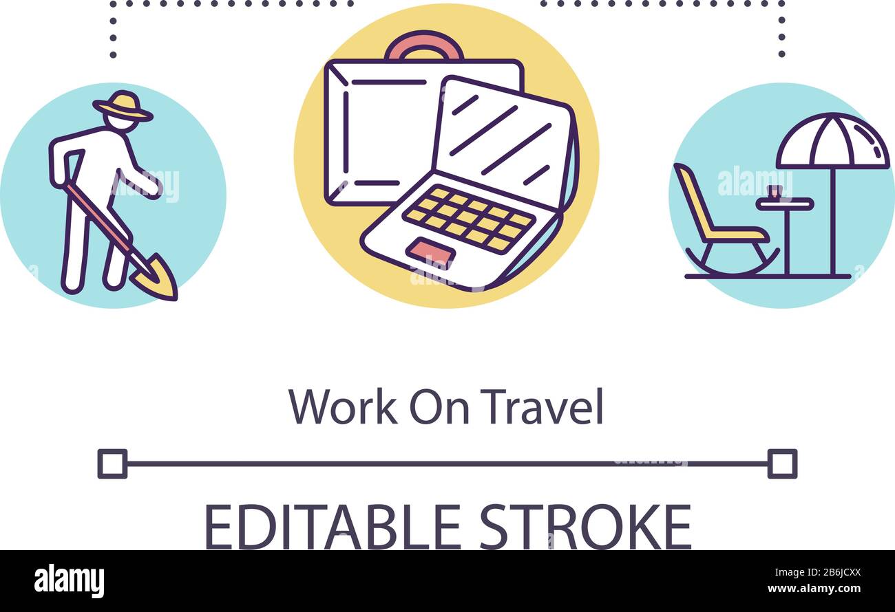 Work on travel concept icon. Budget vacation, money saving opportunity ...