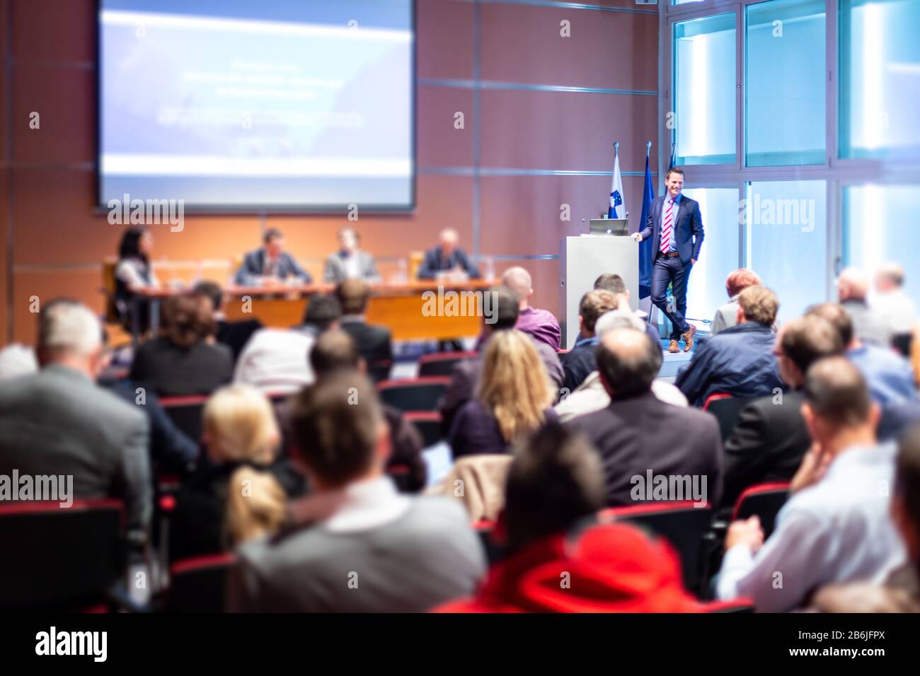 Speaker giving presentation on scientific business conference Stock ...