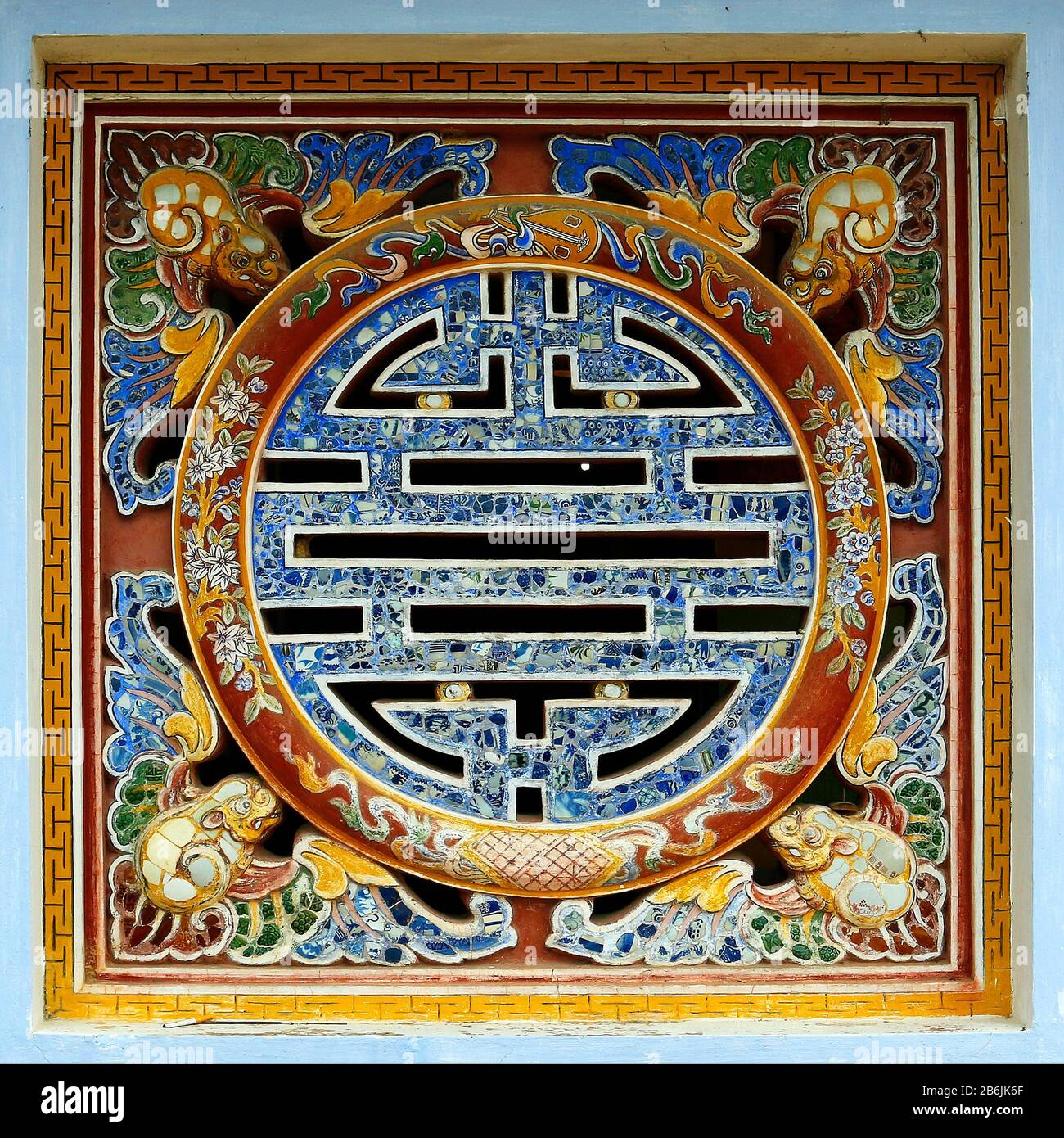 detail of temple with circular design of symbol of prosperity, luck ...