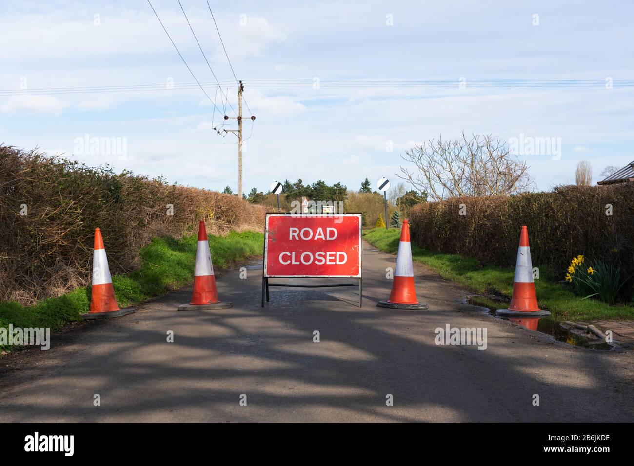 Road Closed sign with traffic cones on country road. Perry Green, Much ...