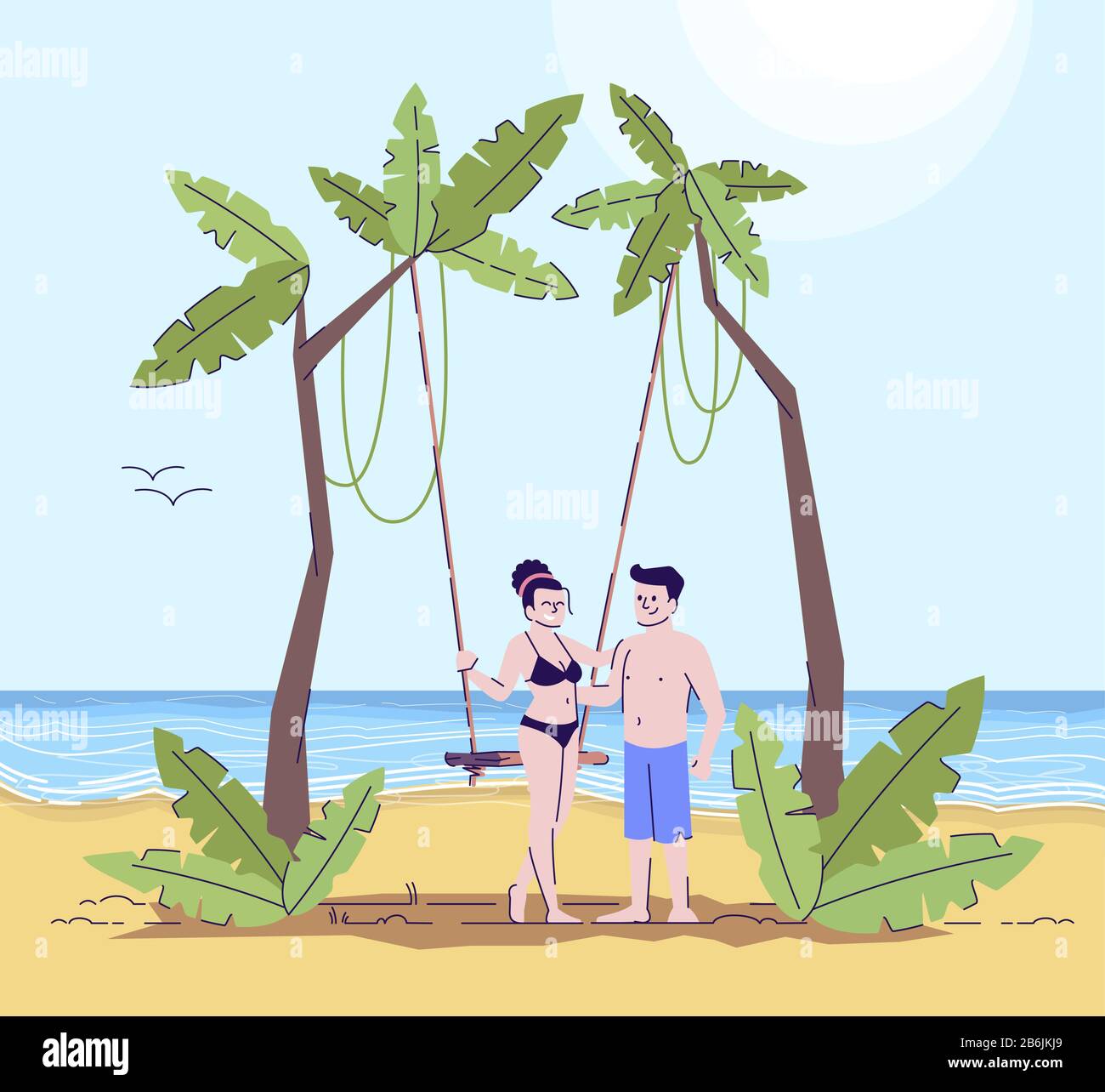 Couple on beach with palm trees flat doodle illustration. Romantic ...