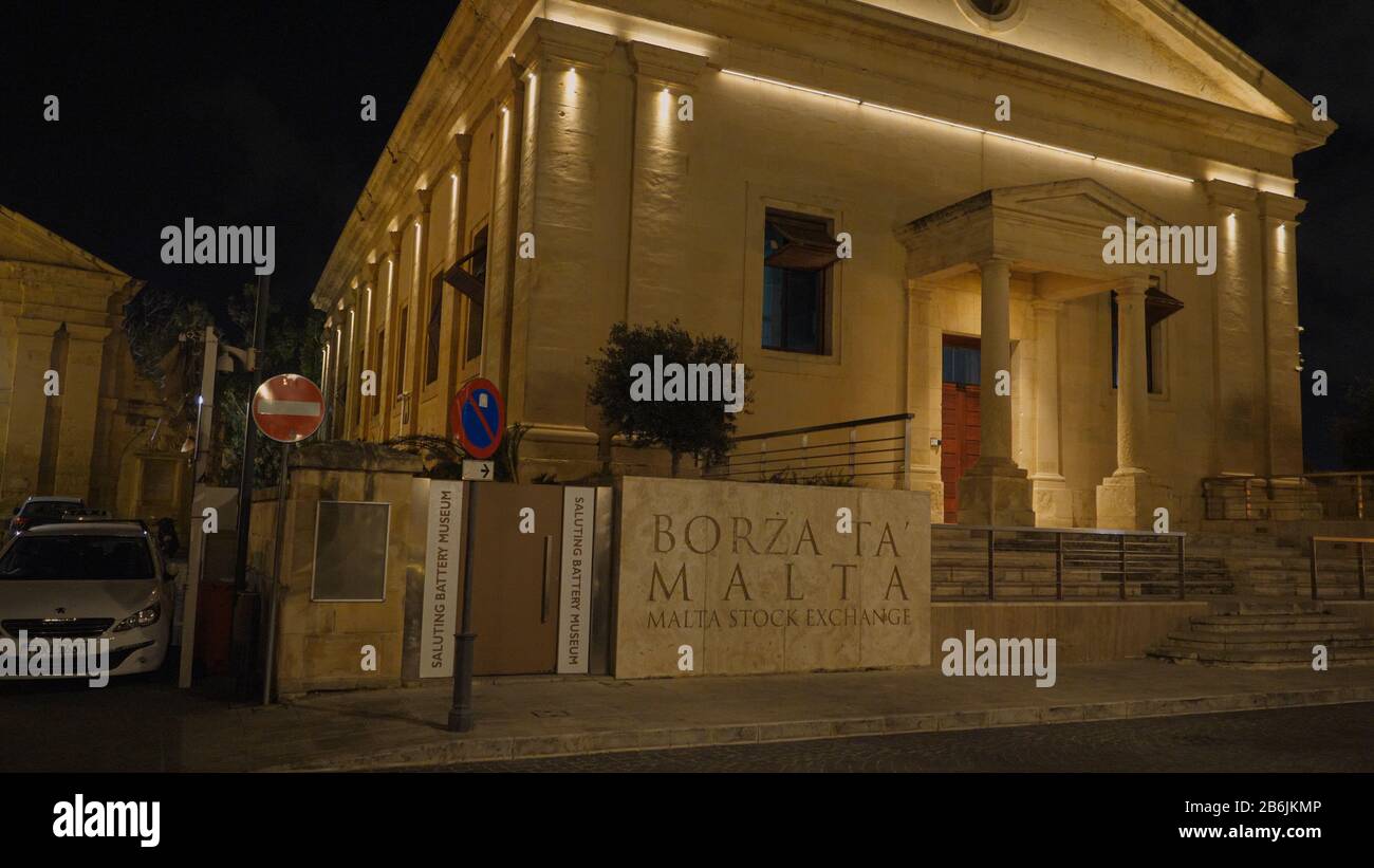 Malta Stock Exchange in Valletta by night - MALTA, MALTA - MARCH 5 ...