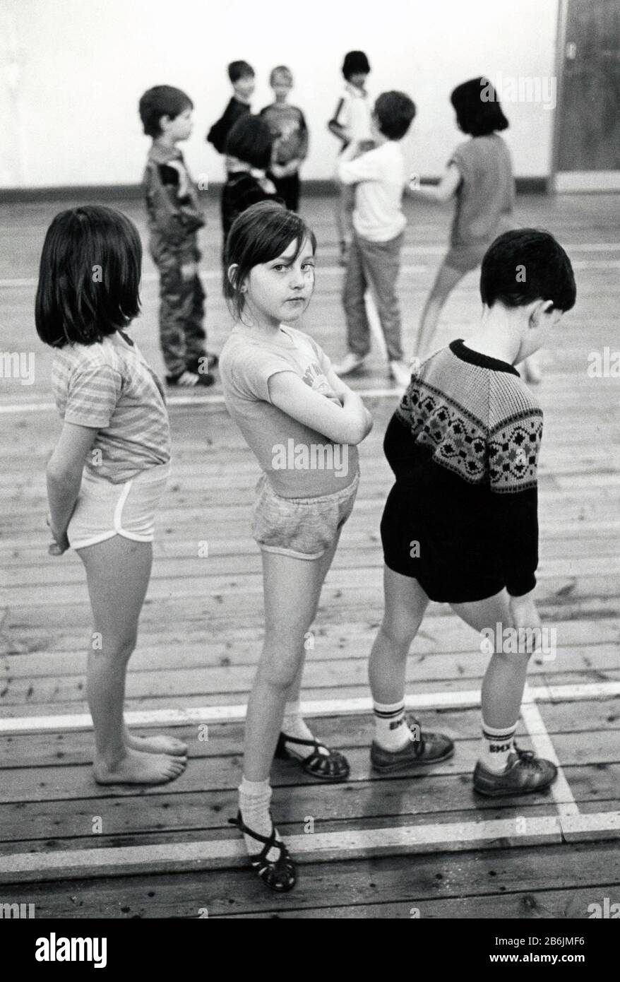 PE lesson, primary school Nottingham UK 1987 Stock Photo - Alamy