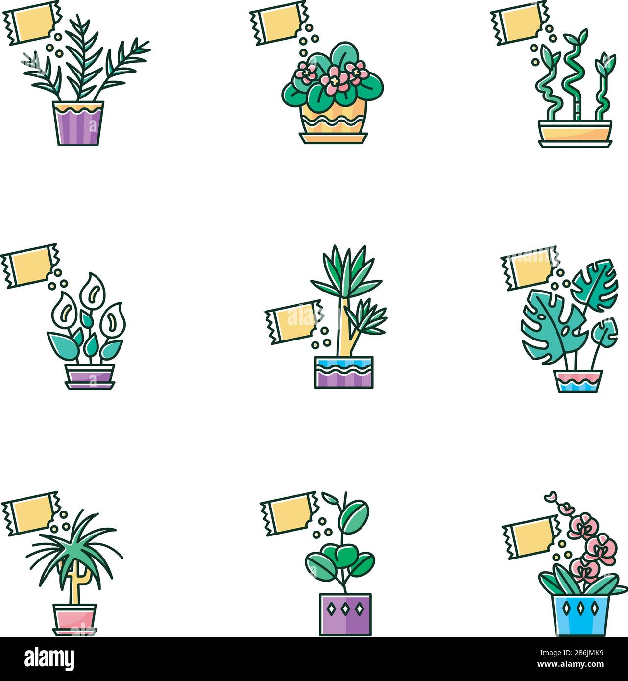 Houseplant fertilizing RGB color icons set. Feeding domesticated plants ...