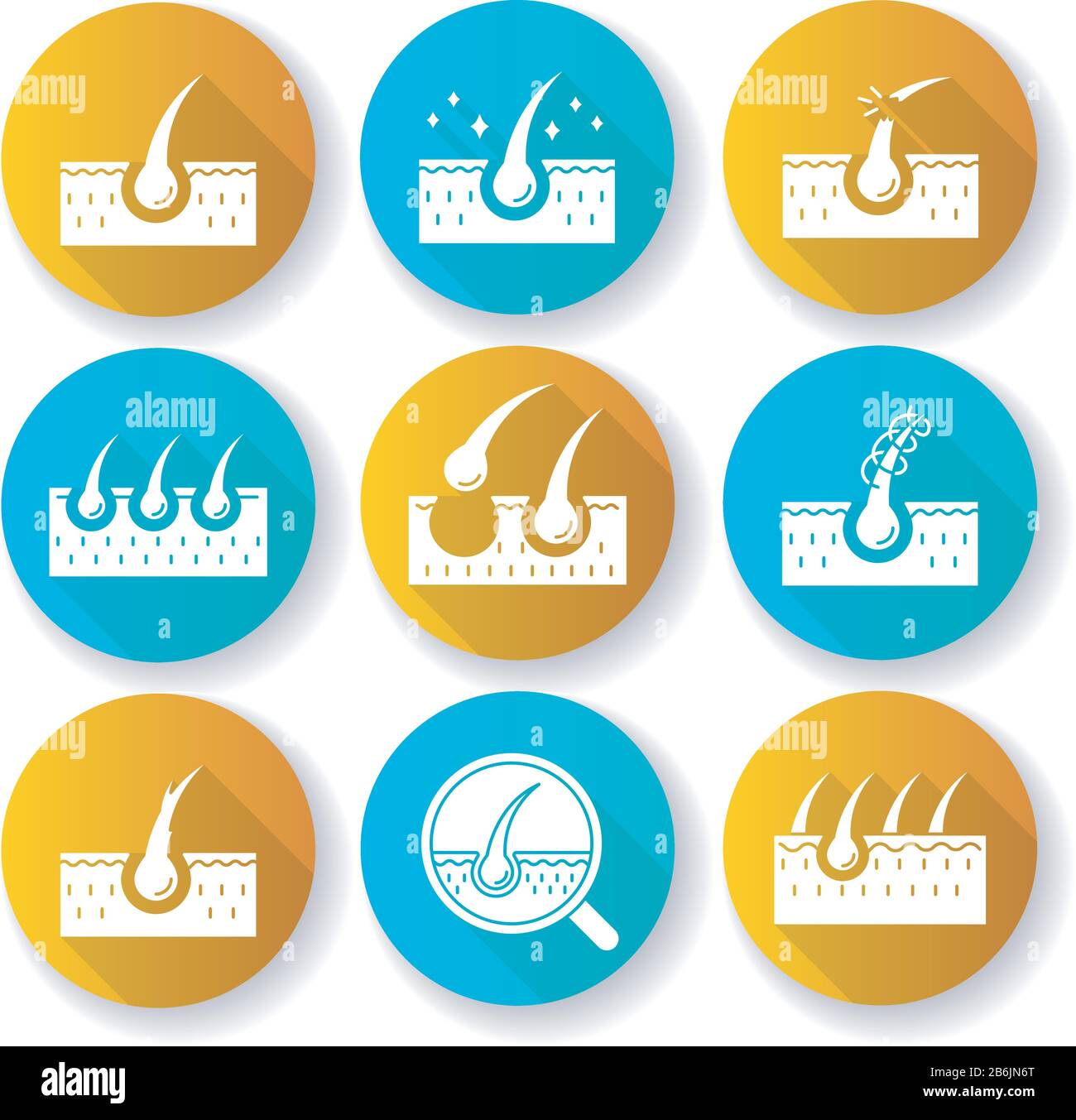 Hair loss flat design long shadow glyph icons set. Damaged hair ...