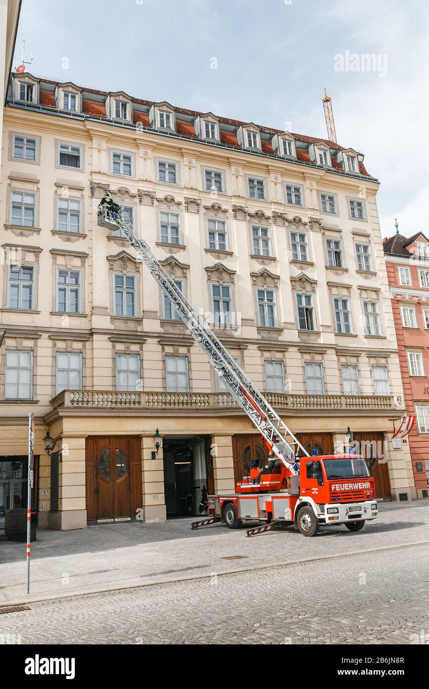 23 MARCH 2017, VIENNA, AUSTRIA: Fire truck with a ladder to rescue ...