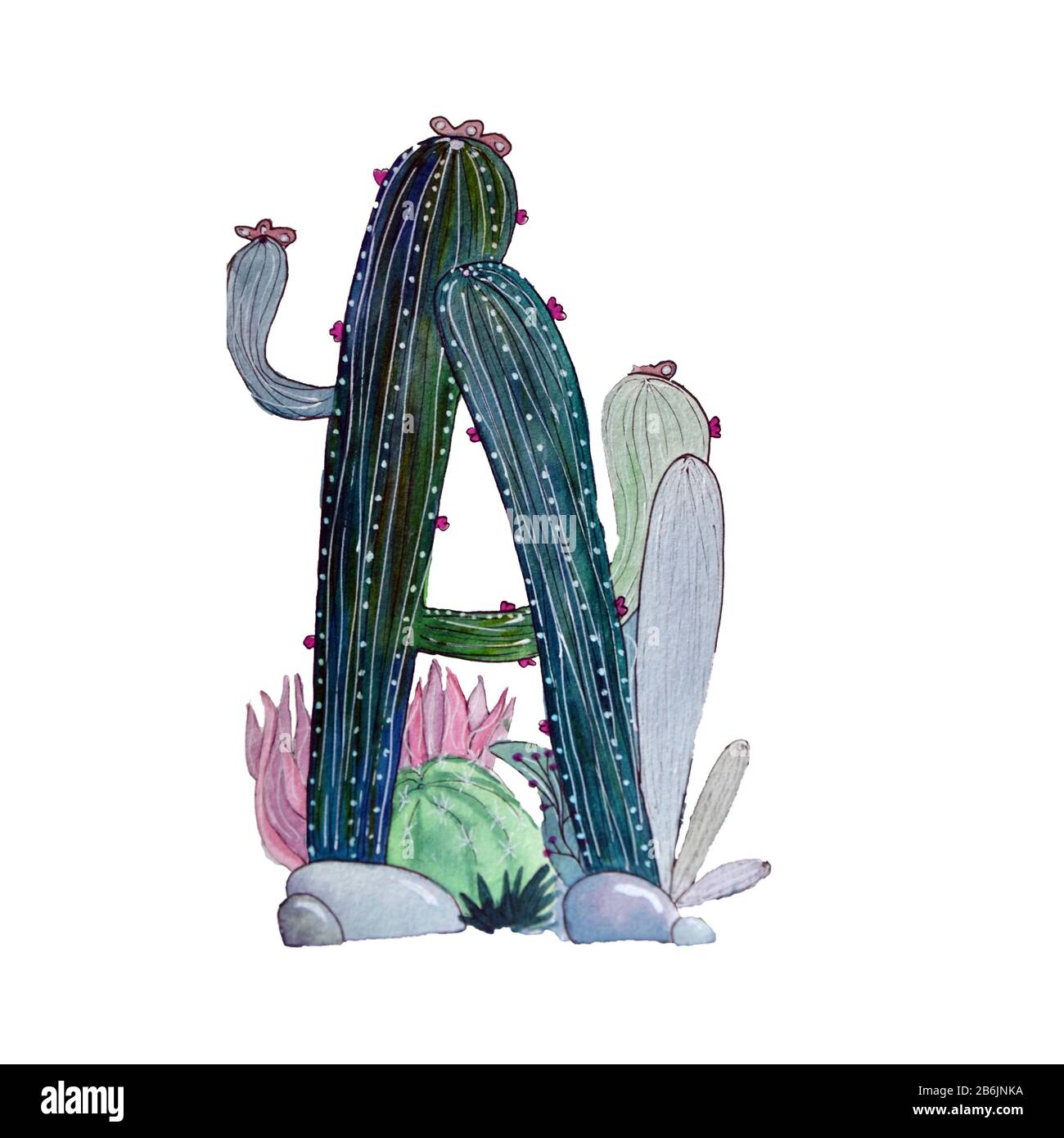 Watercolor illustration with cactus letter A from alphabet Stock Photo ...