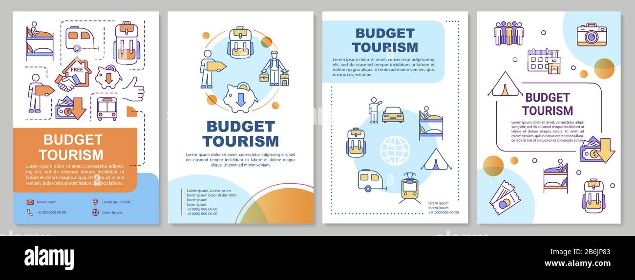 Budget tourism brochure template. Staying in hostel. Public transport ...