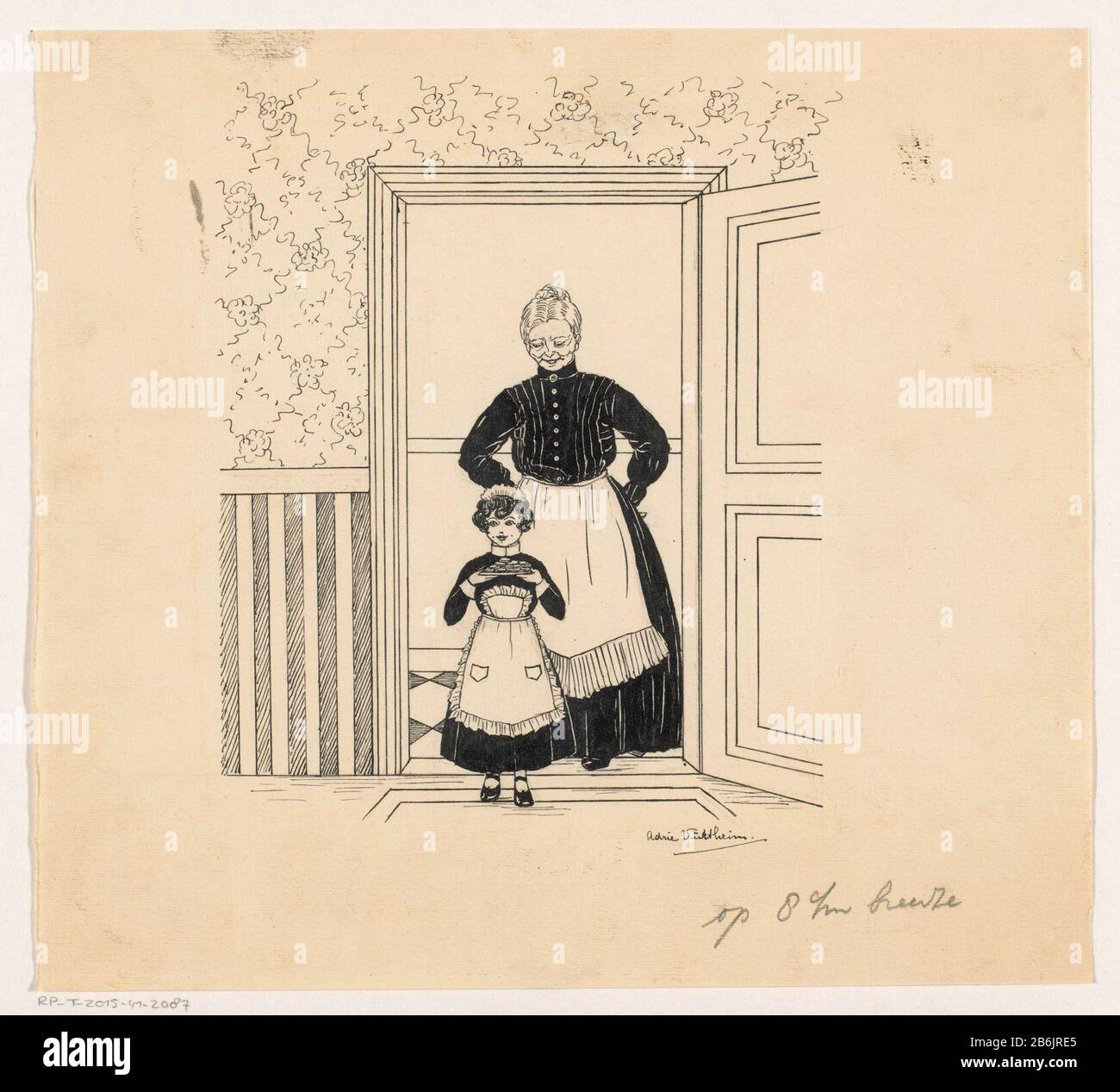 Maid with a bowl of cake an old woman and a girl, both dressed in the ...