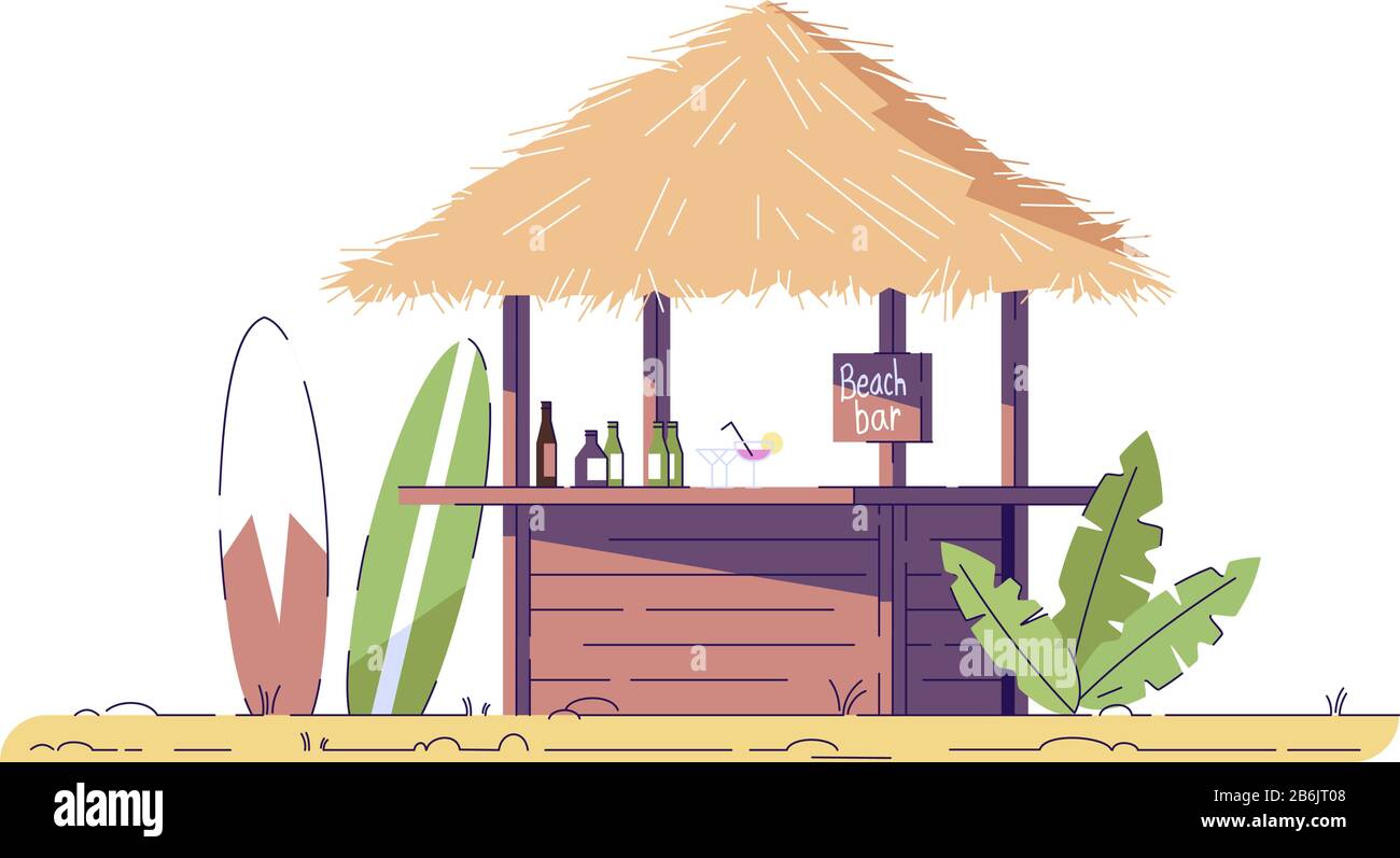 Empty beach bar and surfboards flat doodle illustration. Seaside ...