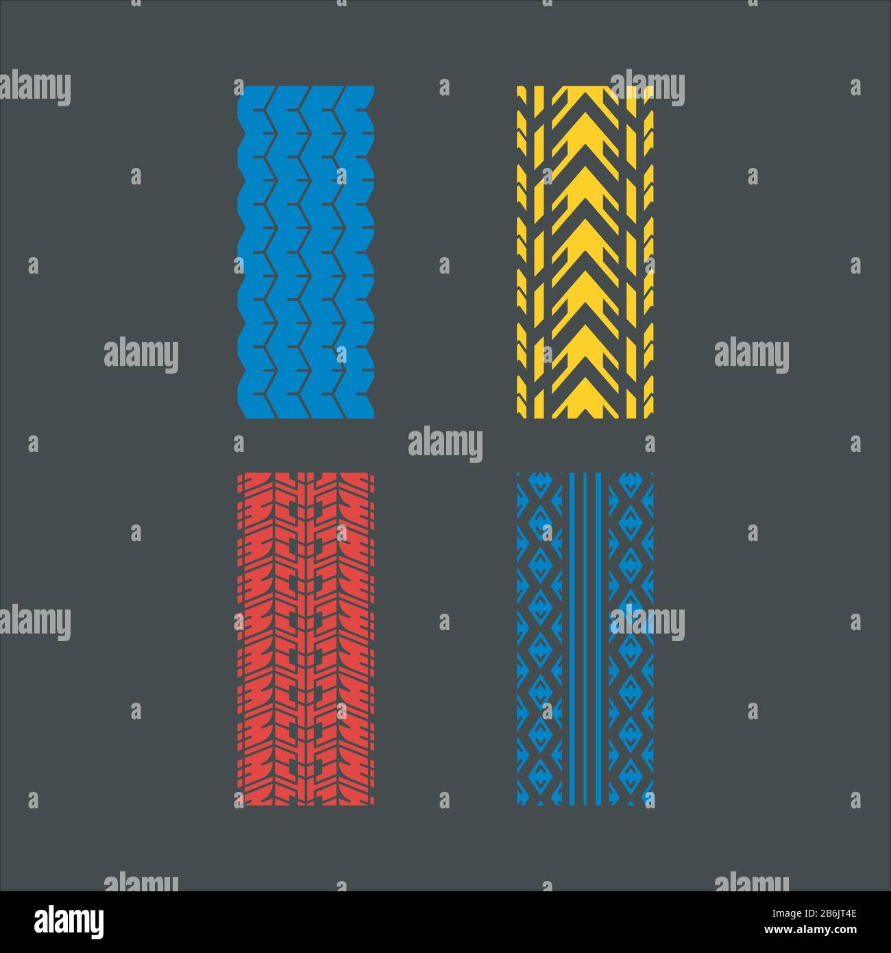 Track prints RGB color icons set. Detailed automobile, motorcycle, bike ...