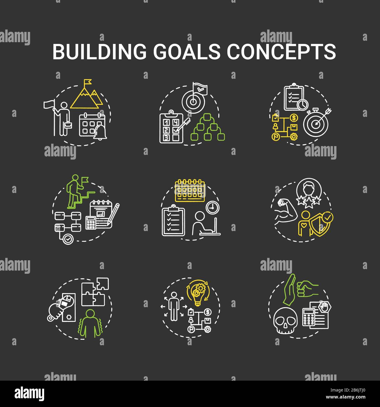 Building goals chalk RGB color concept icons set. Priorities and ...