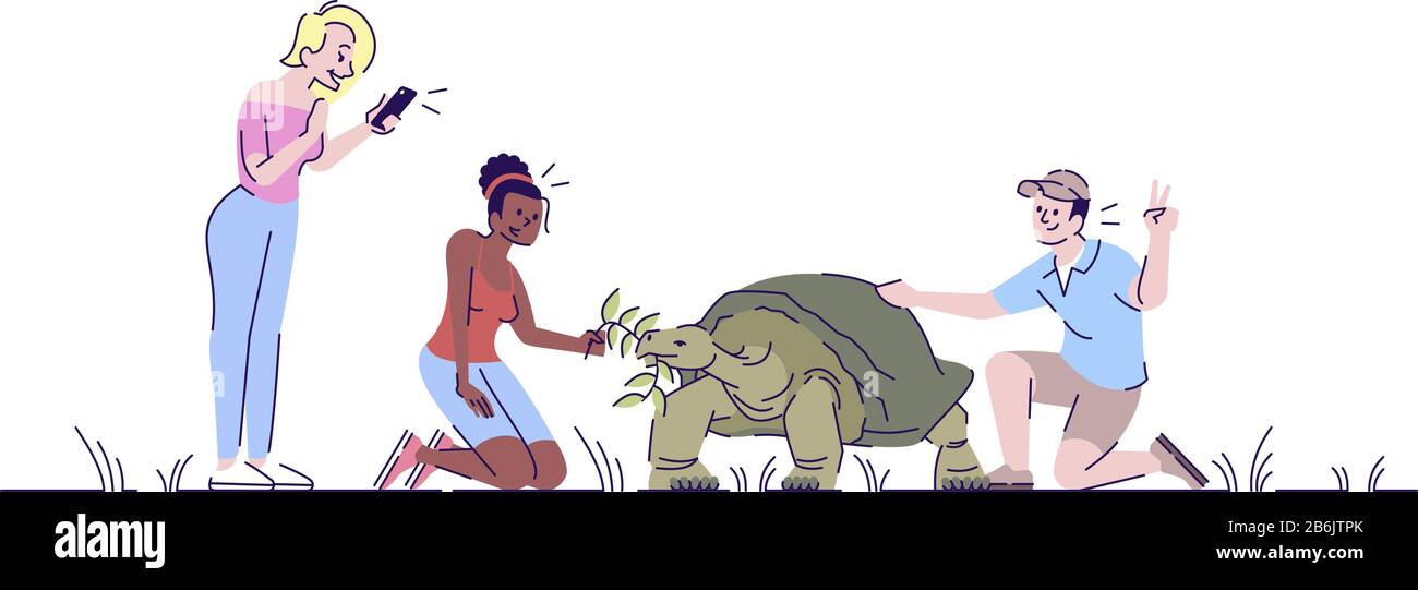 People photographing big turtle flat doodle illustration. Tourists ...