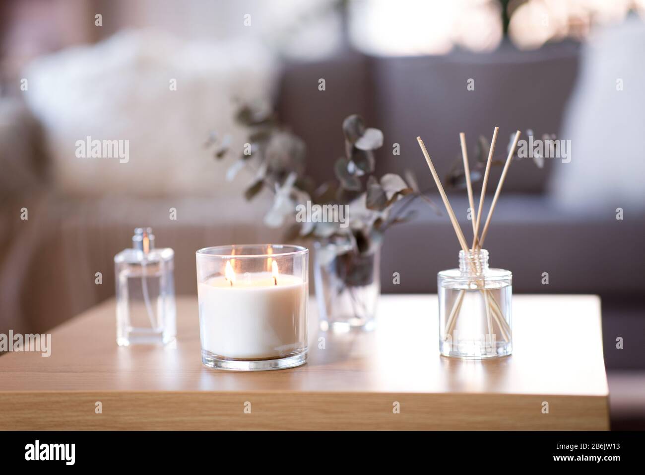 decoration, hygge and aromatherapy concept - aroma reed diffuser ...