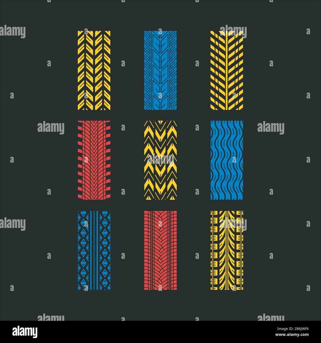 Tire traces RGB color icons set. Detailed automobile, motorcycle, bike ...