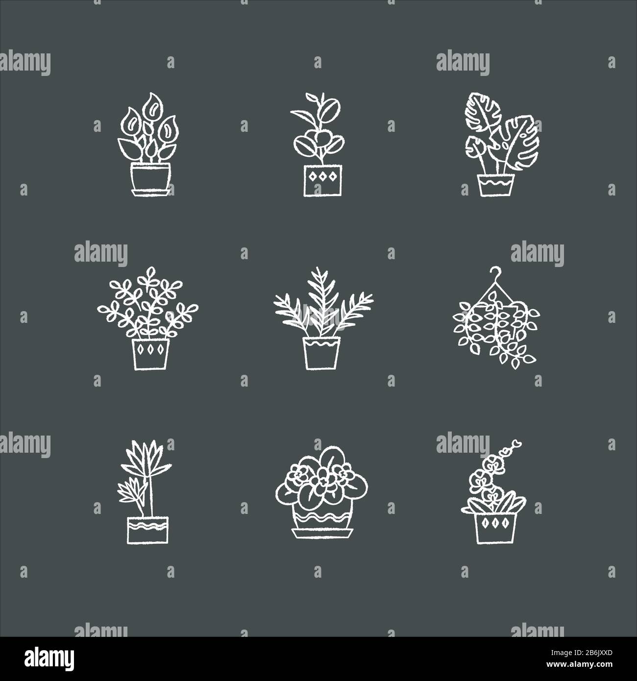 Domesticated plants chalk white icons set on black background ...