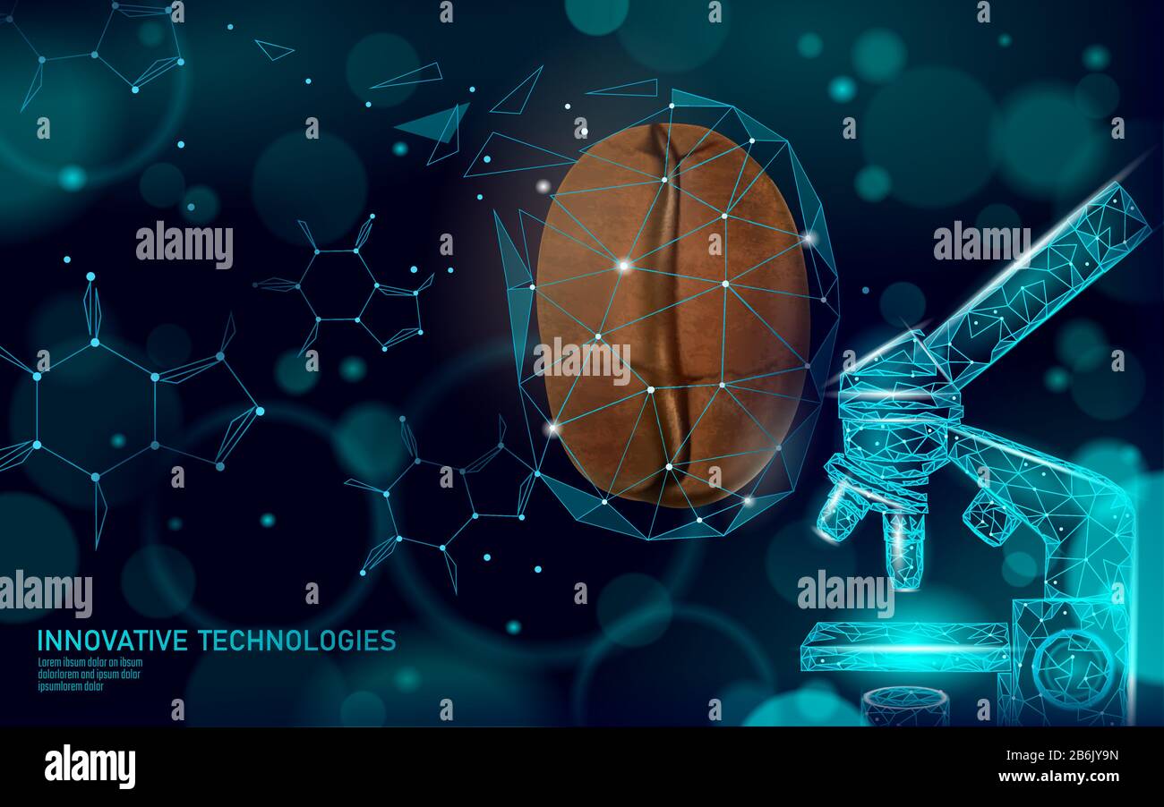 3D coffee bean realistic caffeine molecule. Low poly modern cafe ...