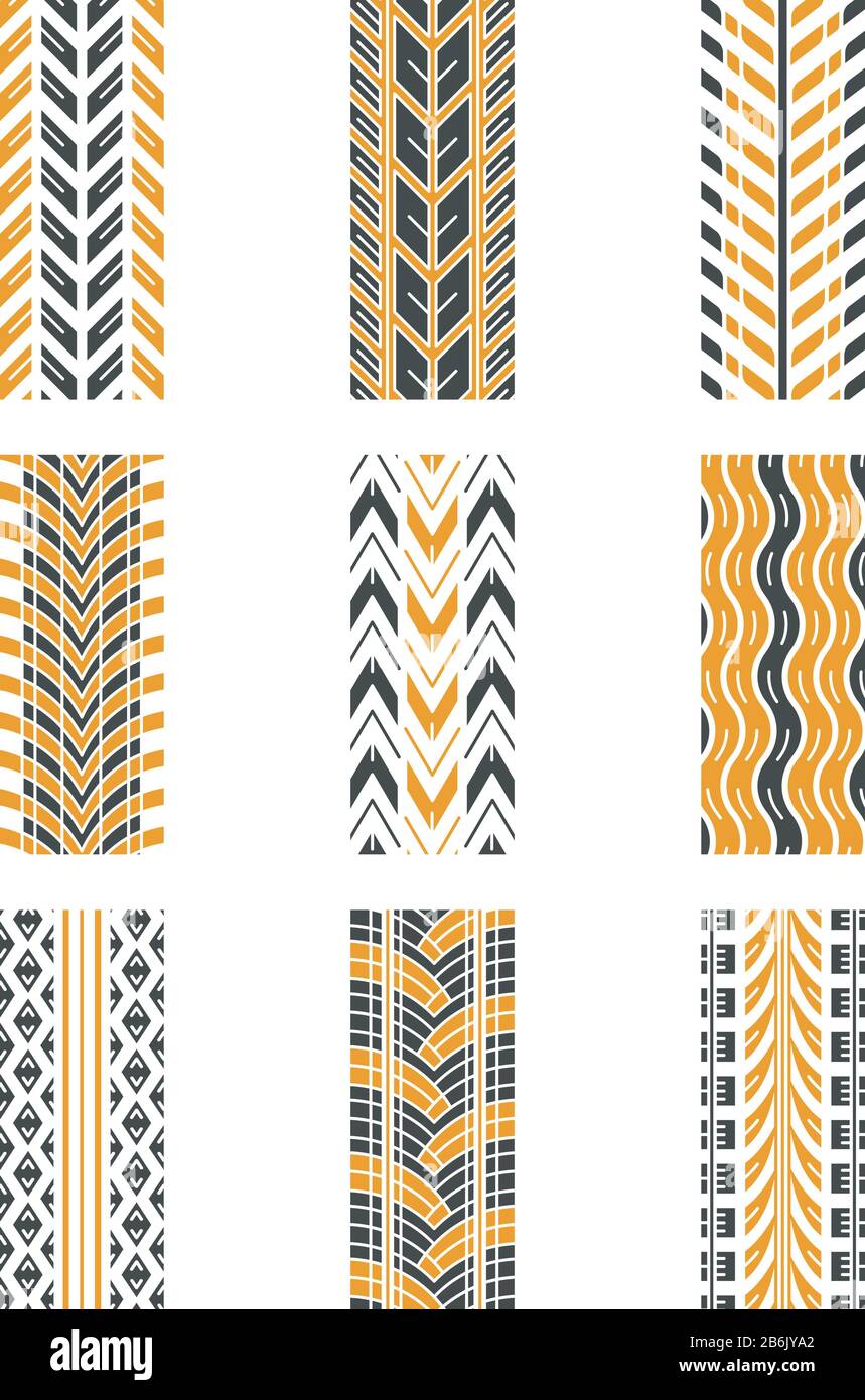 Tire traces black and yellow RGB color icons set. Detailed automobile ...